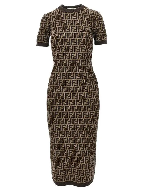 Fendi Ff Jacquard Knit Midi Dress - Brown