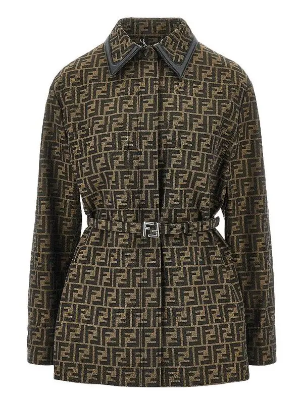 Fendi Ff Jacquard Canvas Shirt Jacket With Leather Trim - Brown