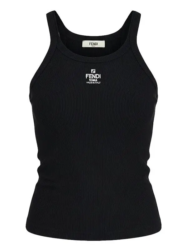 Fendi Ribbed Tank Top With Logo Embroidery - Black