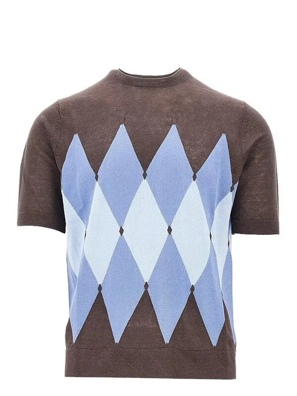 BALLANTYNE Short Sleeve Argyle Sweater - Brown