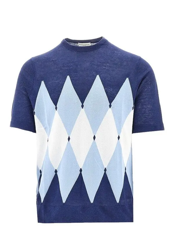 BALLANTYNE Short-sleeved Sweater With Jacquard Lozenge Motif - Blue