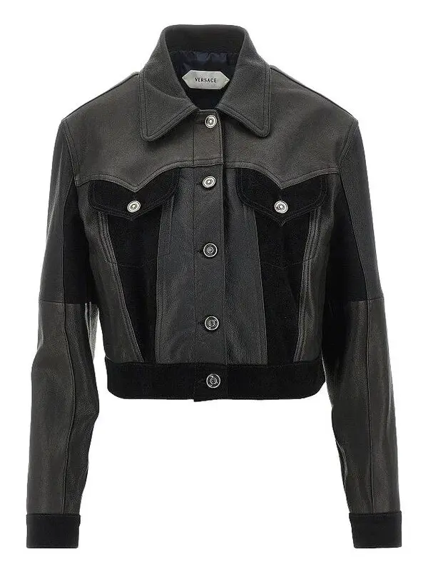 Versace Cropped Leather Jacket With Suede Inserts - Black
