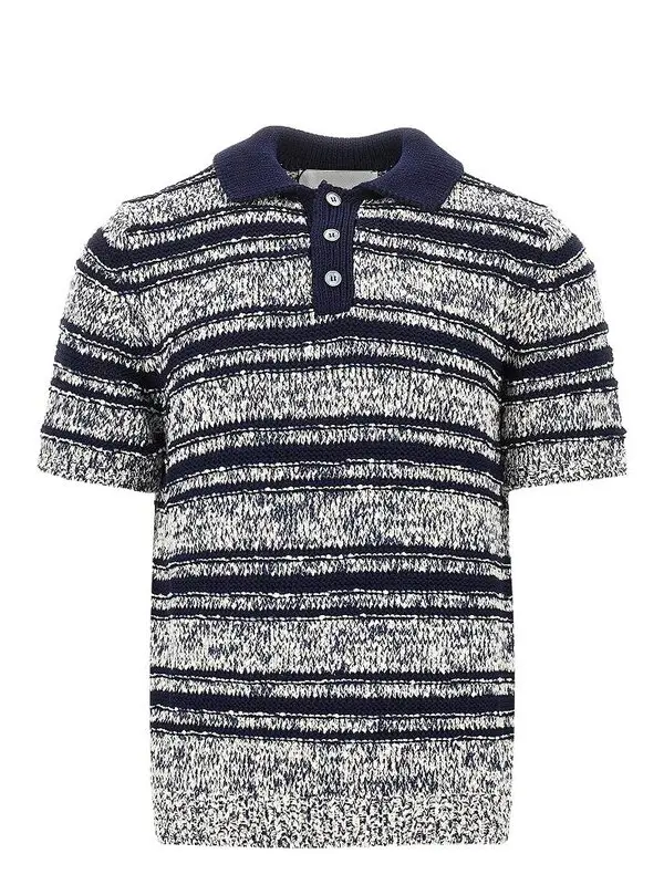 AMARANTO Striped Mouliné Knitted Polo Shirt - Blue