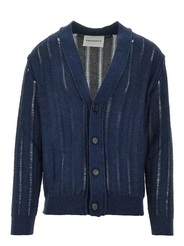 AMARANTO Open-knit Striped Cotton Cardigan - Blue