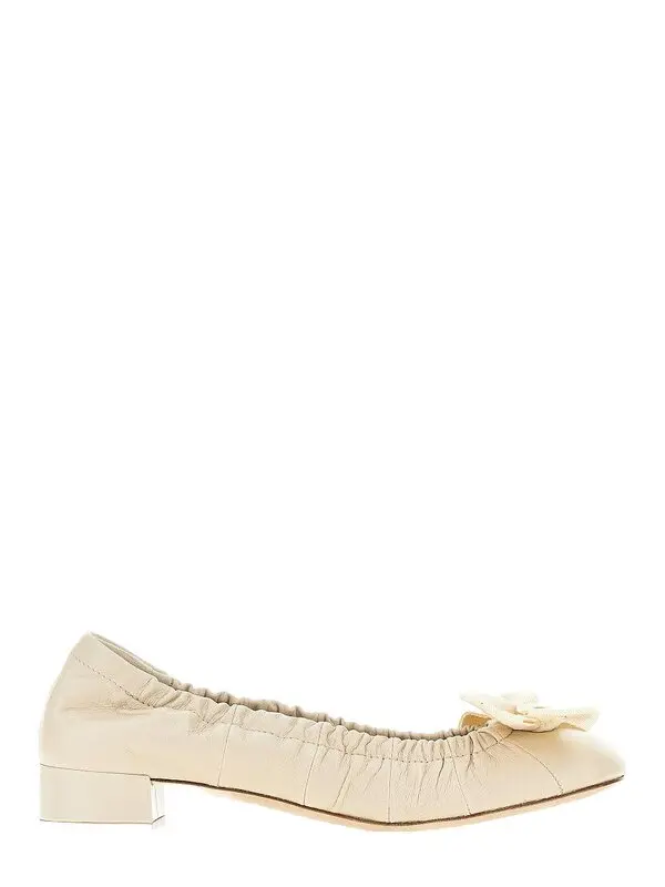 Prada Leather Ballerina Flats With Bow Detailing And Gold-tone Logo - Beige
