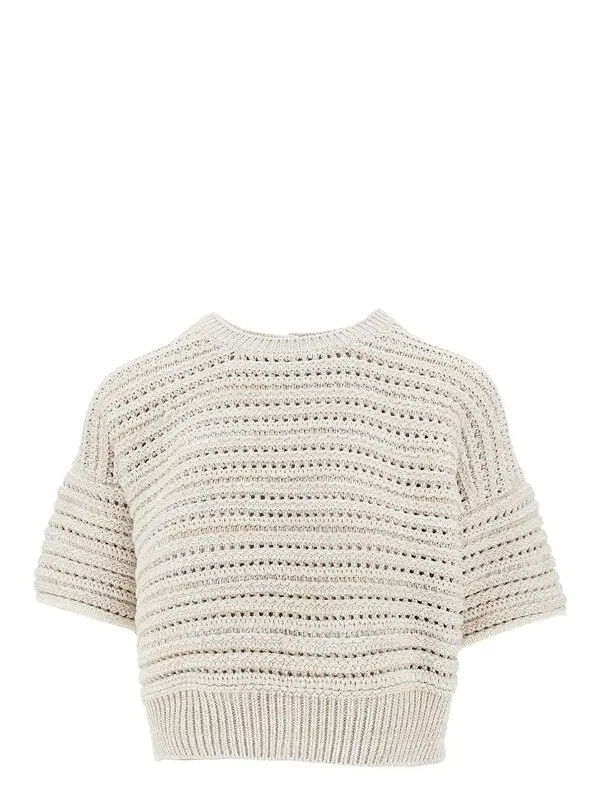 Emporio Armani Openworked Knit Top With Lacquered Button Closure - Beige