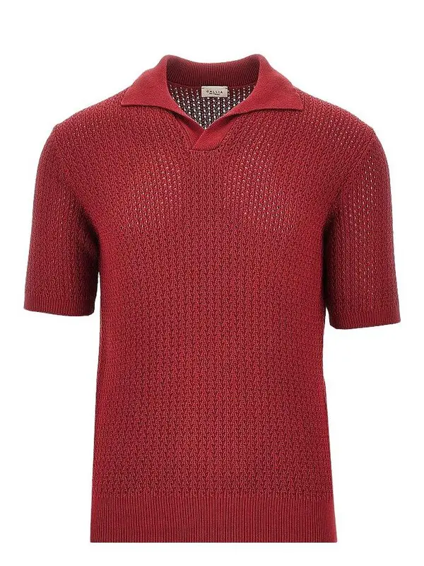 GALLIA KNIT Openworked Knit Polo Shirt - Red