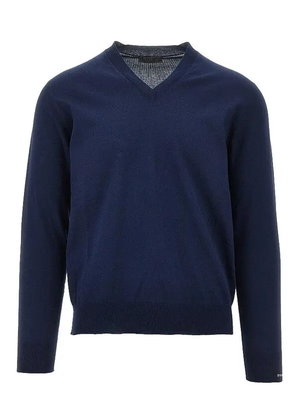 Prada V-neck Fine Cotton Sweater With Contrast Logo Intarsia - Blue