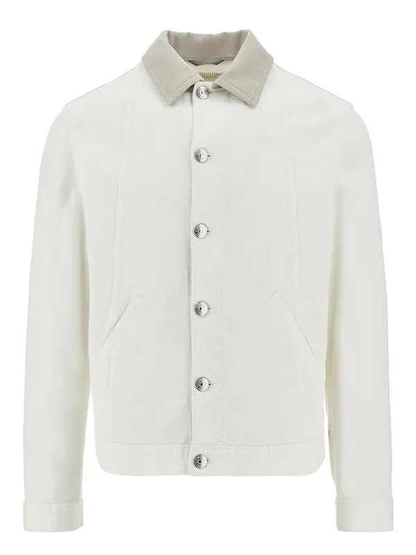 Brunello Cucinelli Denim Jacket With Leather Collar - White