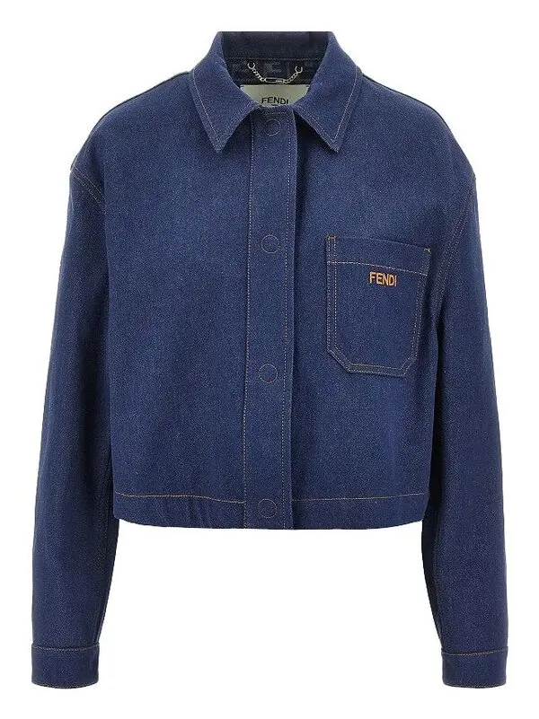 Fendi Cropped Denim Jacket With Logo Embroidery - Blue