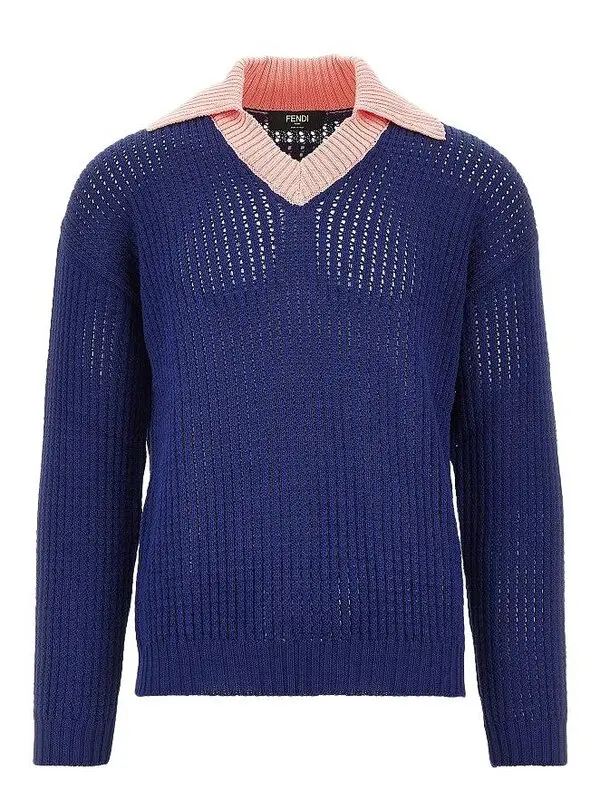 Fendi Openworked Knit Sweater With Color Block V-neck - Blue
