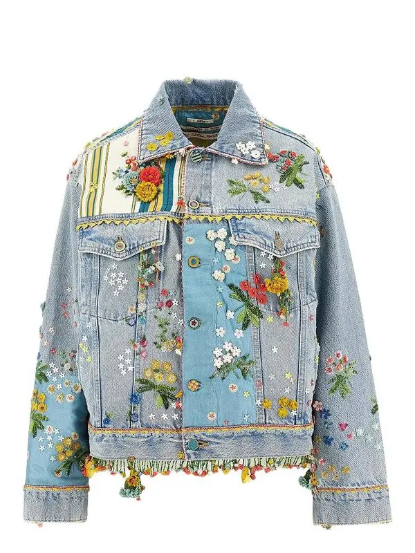 Pero Embroidered Floral Denim Jacket - Blue