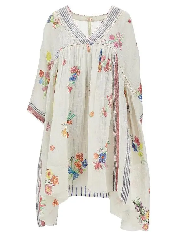 Pero Floral Sketch Print Linen Dress - White