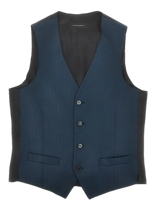 LUIGI BIANCHI Tailored Wool Vest With Herringbone Motif - Blue
