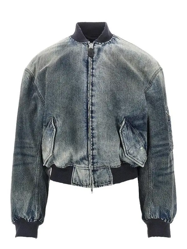 Balenciaga Used Effect" Denim Bomber Jacket - Blue