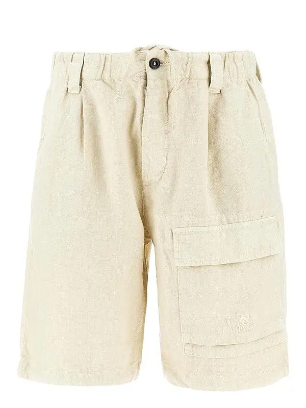 C.P. COMPANY Linen Cargo Shorts With Embroidered Logo - Beige