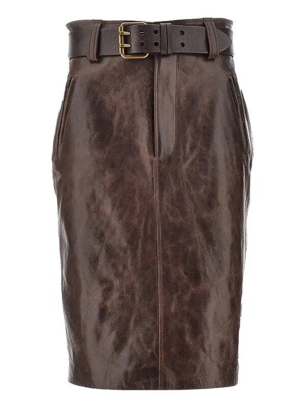 Saint Laurent Belted Leather Pencil Skirt - Brown