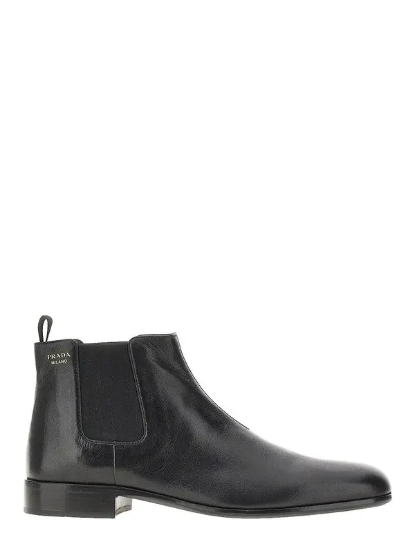 Prada Leather Chelsea Boots With Gold Tone Logo Print - Black