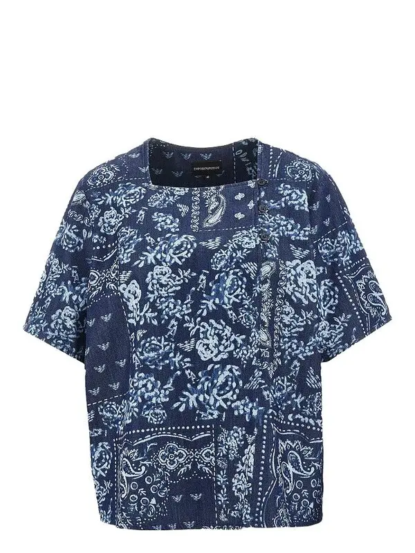 Emporio Armani Bandana Motif Chambray Short Sleeve Blouse - Blue