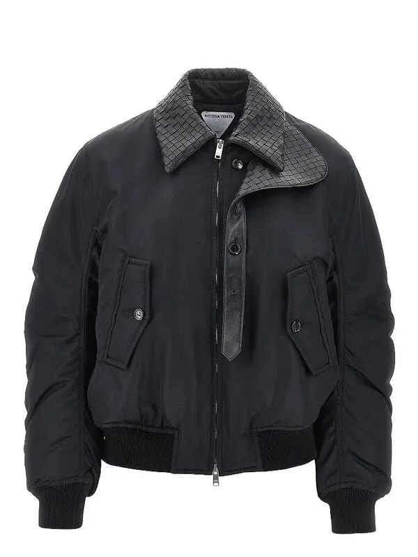 Bottega Veneta Padded Nylon Bomber Jacket With Intrecciato Leather Collar - Black