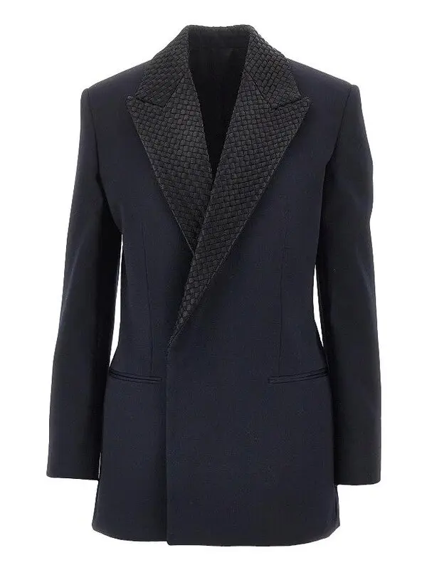 Bottega Veneta Grain De Poudre Wool Double-breasted Jacket With Intrecciato Peak Lapel - Blue