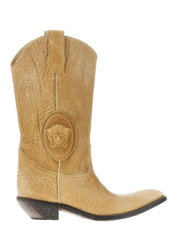 Versace Grained Leather Boots With Medusa Cameo Patch - Beige