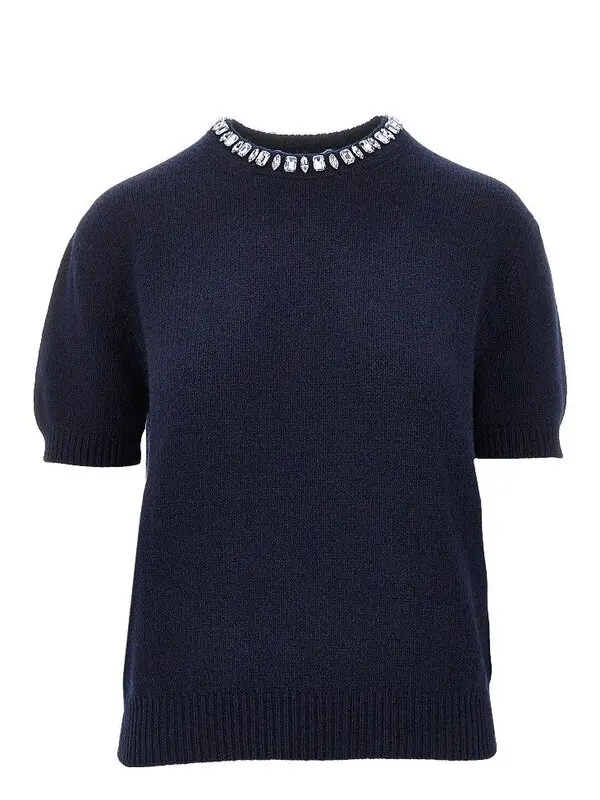 Prada Short-sleeved Knitted Top With Crystal Embellishments - Blue