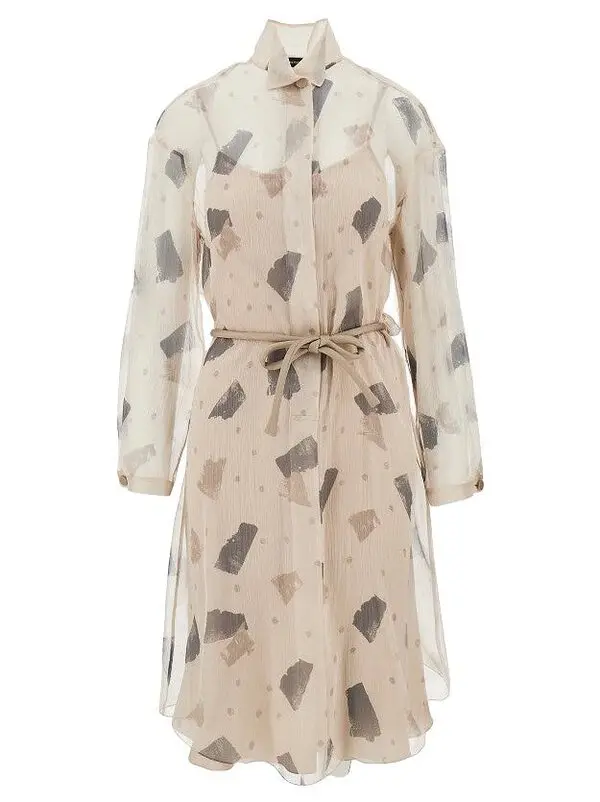 Emporio Armani Silk Creponne Graphic Print Shirt Dress - Beige