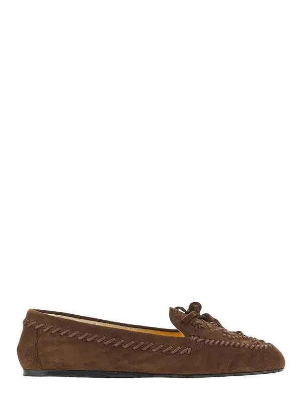 Prada Embroidered Suede Leather Loafers With Tassels - Brown