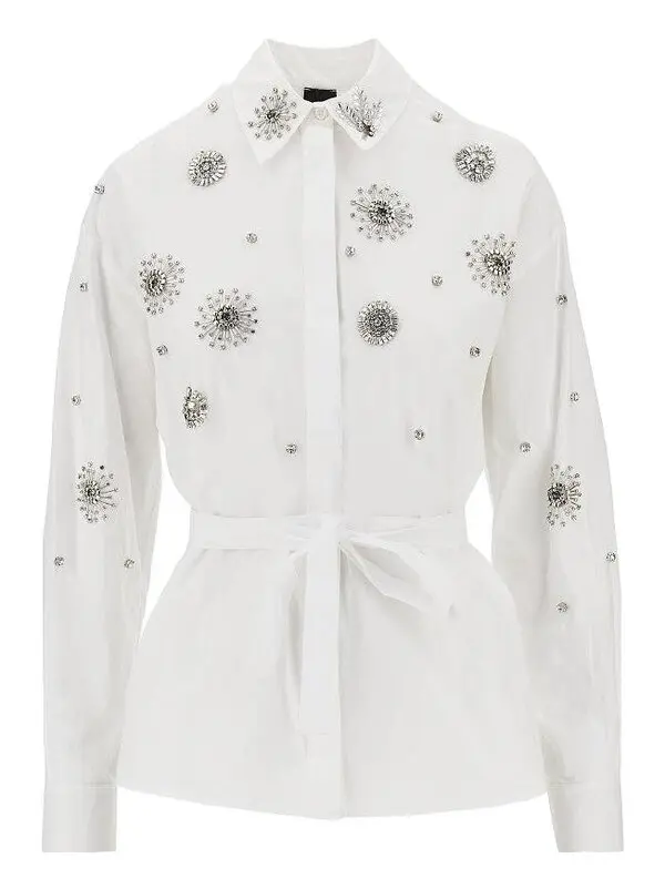 Pinko Cotton Poplin Shirt With Crystal Embroidery - White