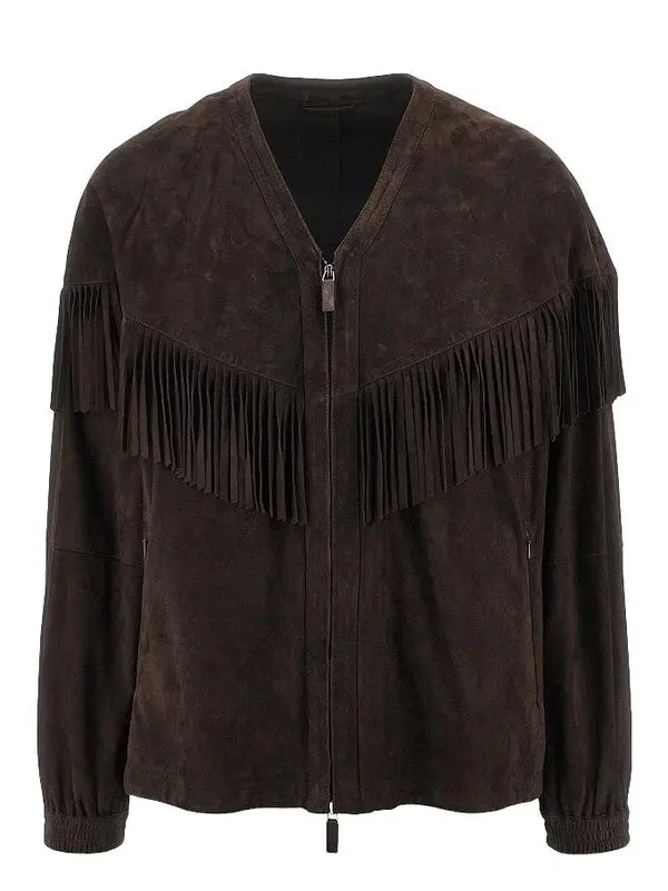 Emporio Armani Suede Leather Fringe Jacket - Brown