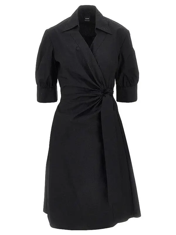 Pinko Stretch Cotton Wrap Midi Dress With Balloon Sleeves - Black