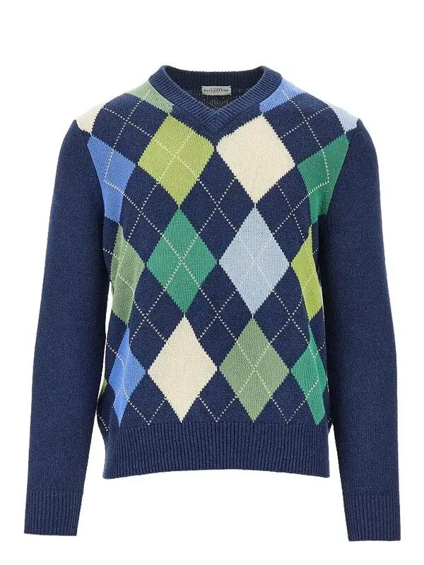 BALLANTYNE Diamond Motif Cotton V-neck Sweater - Blue
