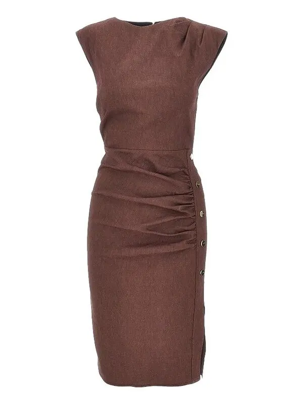 Pinko Stretch Linen-blend Knee-length Dress With Decorative Buttons - Brown