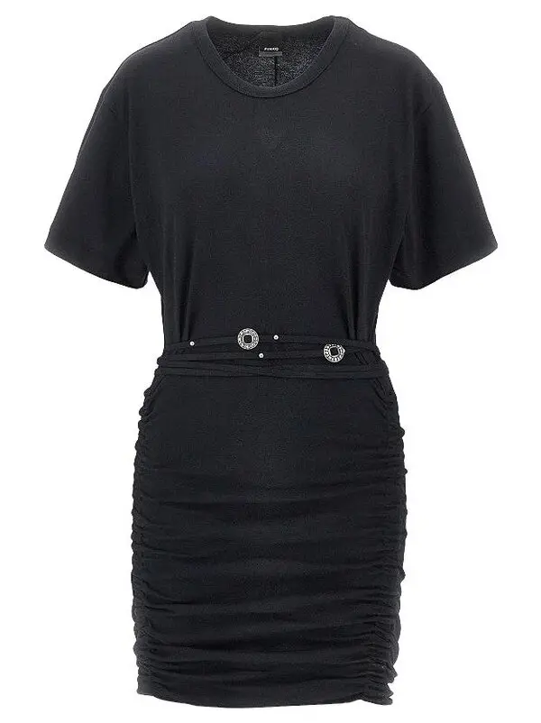 Pinko Short Sleeve Jersey Mini Dress With Embellished Belt - Black