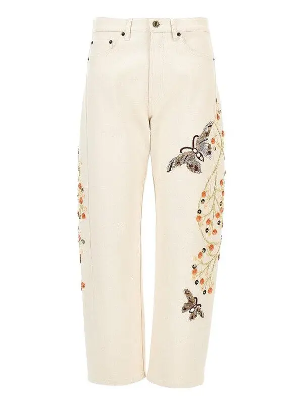 La DoubleJ Embroidered Barrel Jeans - Beige