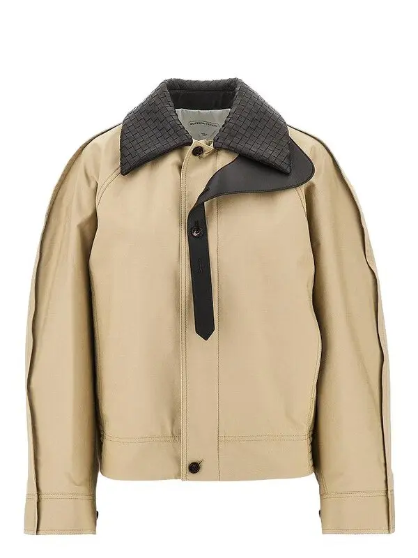 Bottega Veneta Cotton Gabardine Jacket With Intrecciato Leather Collar - Beige