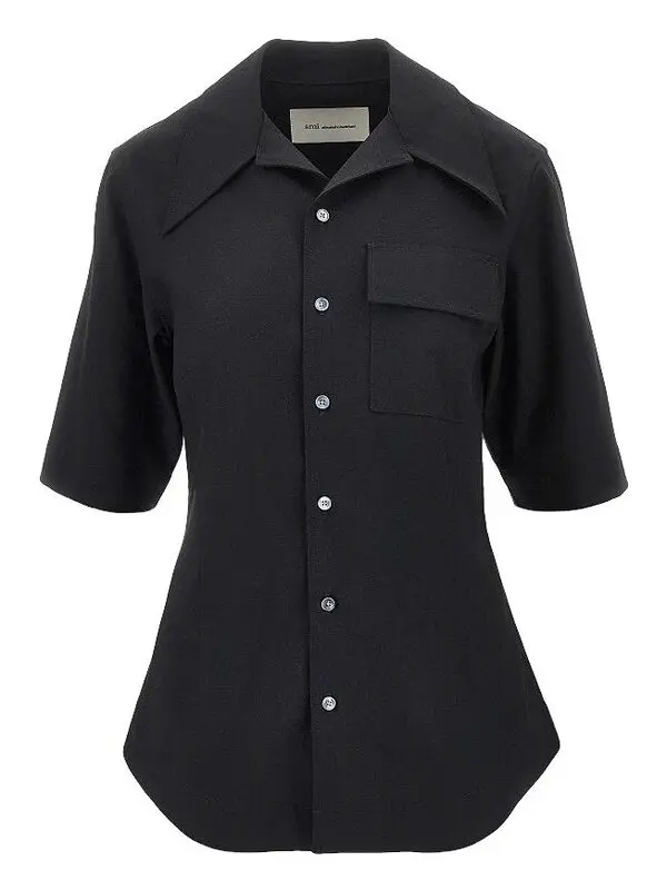 Ami Wool Twill Short-sleeved Shirt With Mother-of-pearl Buttons - Black