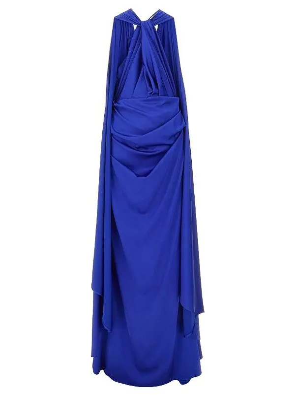 Talbot Runhof Satin Long Dress With Integrated Cape And Halterneck - Blue