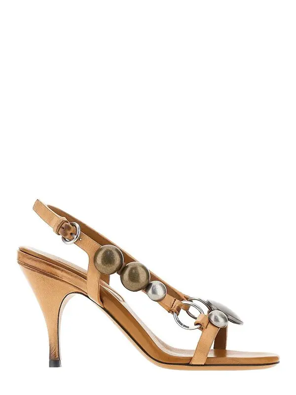 Miu Miu Studded Leather Heeled Sandals - Beige