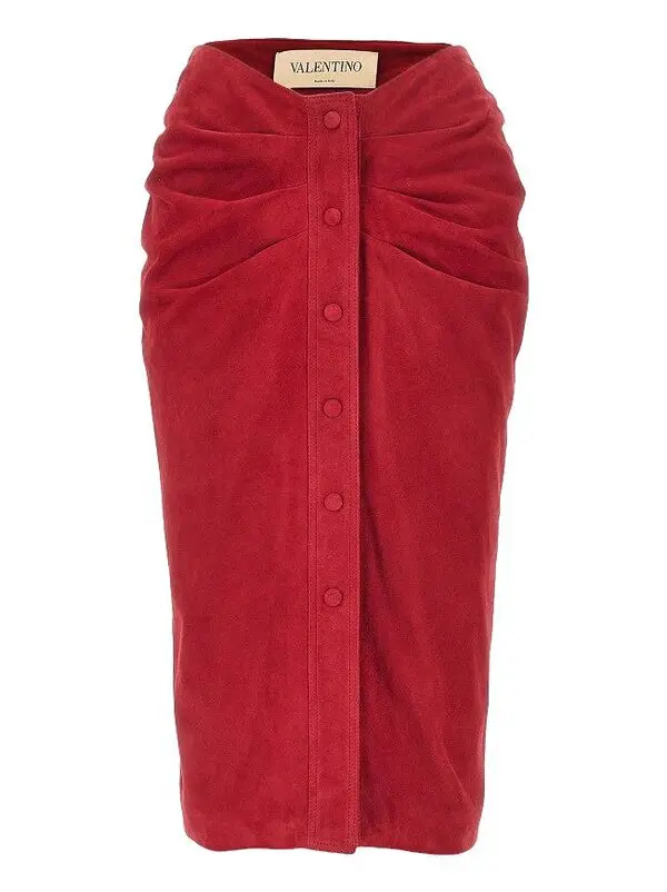 Valentino Garavani Suede Leather Knee-length Skirt With Ruched Waist - Red