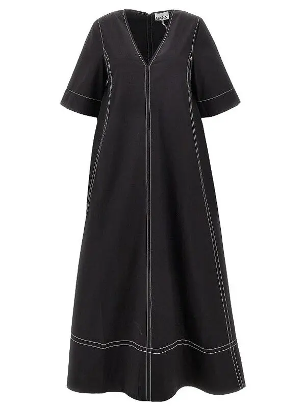GANNI Stretch Poplin Midi Dress With Contrast Stitching - Black