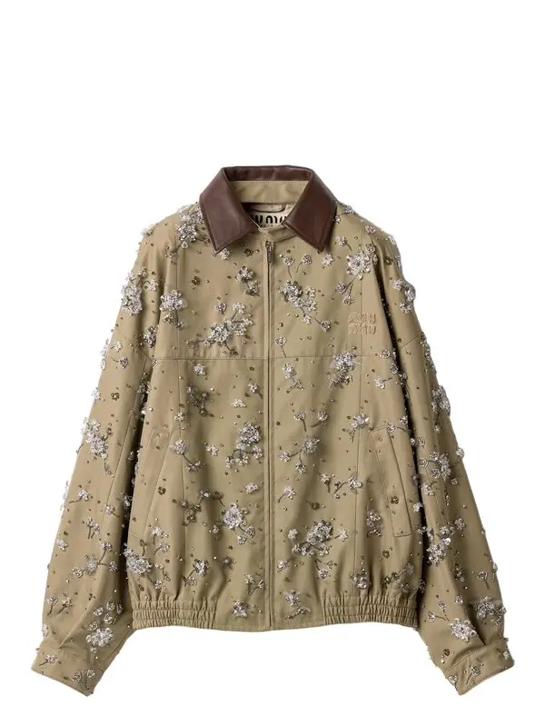 Miu Miu Embroidered Chino And Leather Blouson Jacket - Khaki