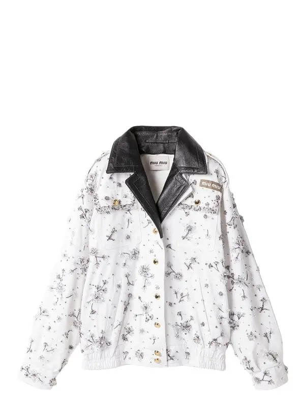 Miu Miu Embroidered Gabardine And Leather Blouson Jacket - White