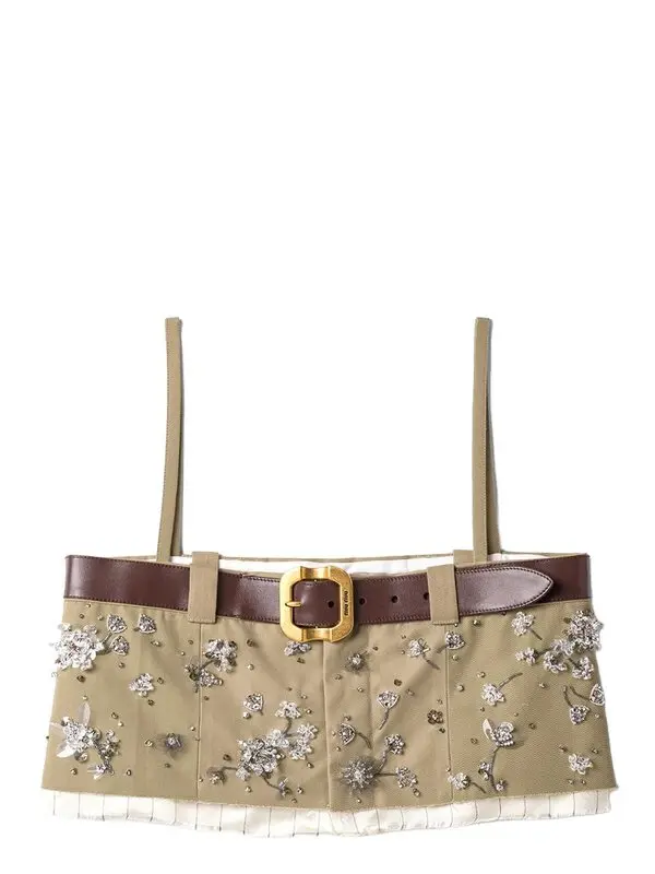 Miu Miu Embroidered Belted Top With Buckle Detail - Khaki