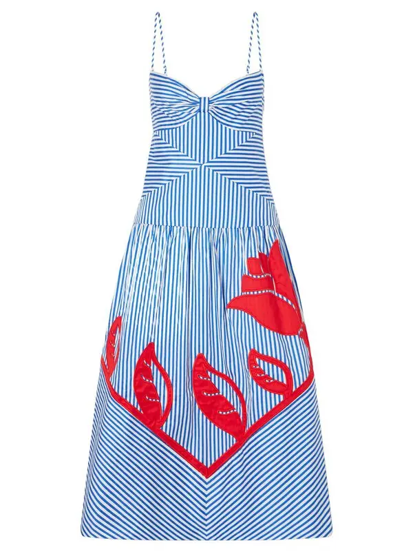 Farm Rio Sky Striped Embroidered Cotton Poplin Midi Dress - Blue