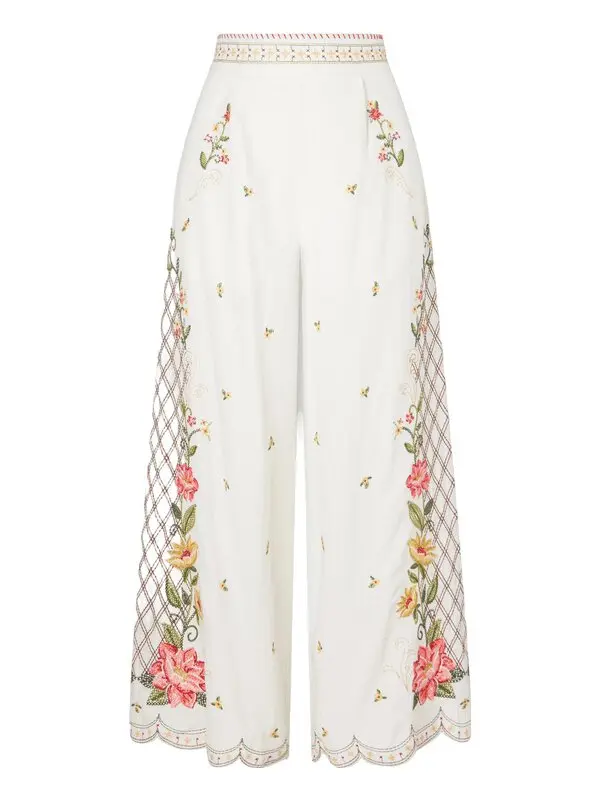 Farm Rio Embroidered Linen-blend Wide-leg Pants - White