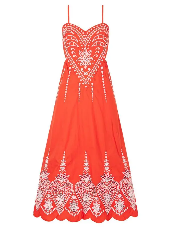 Farm Rio Heart Broderie Anglaise Cotton Midi Dress - Red