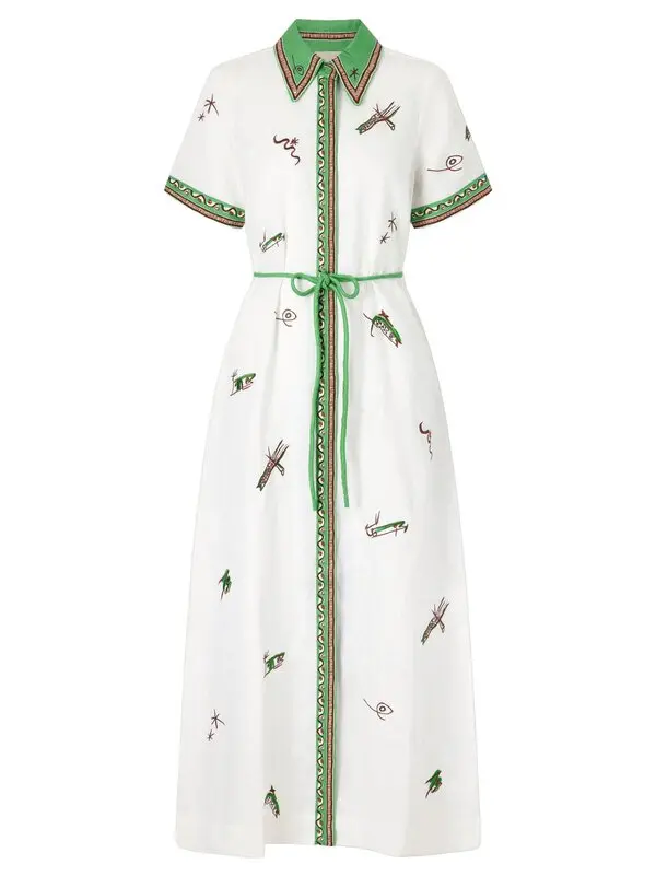 ALEMAIS Wanda Belted Embroidered Linen Midi Shirt Dress - Neutrals