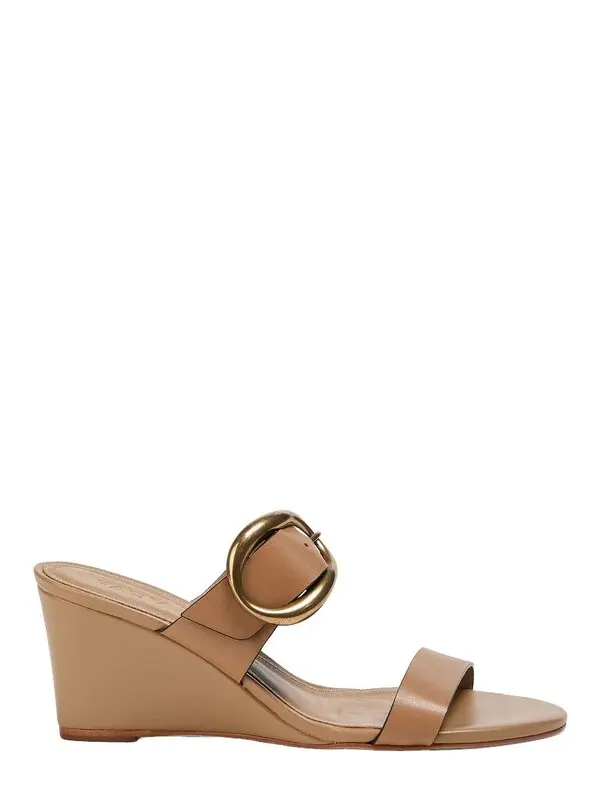 Farm Rio Leather Wedge Mules With Buckle Detail - Taupe